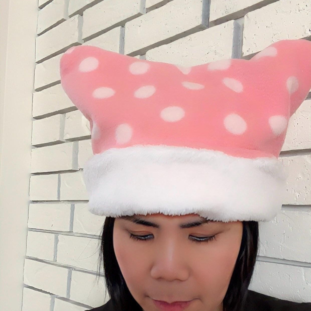 Double-Sided Pink & White Polka Dot Fleece Cat Ear Toque: custom size ...